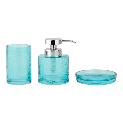 China Blue glass bathroom accessories set round shape glass lotion dispenser bottle soap dish for bathroom for sale