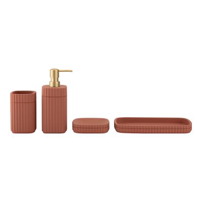 China Polyresin bathroom accessories set with a vintage pattern hand soap bottle toothbrush tumbler for sale