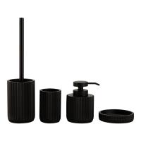 China Black polyresin bathroom set round shape with vertical stripe hand soap bottle toilet brush holder for sale