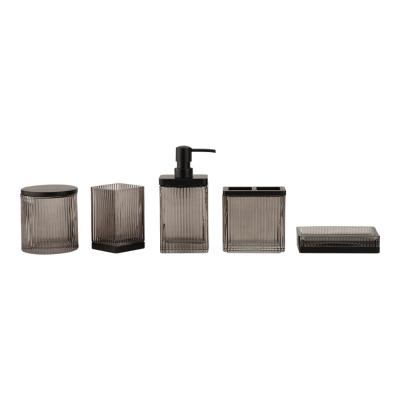 China Glass bathroom accessories set rectangular shape with vertical stripe and metal part glass soap dispenser for sale