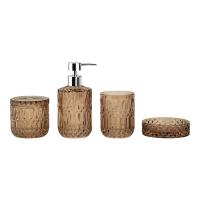 China Glass bathroom accessories set round with diamond pattern lotion bottle with pump soap dish toothbrush holder for sale
