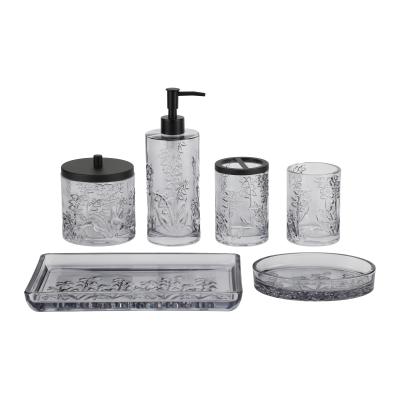 China Smoke luxury glass bathroom accessories set round with vintage pattern bath kit soap dish tumbler for sale