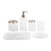 China Clear luxury glass bathroom accessories set round with vintage pattern glass soap dispenser toothbrush holder for sale