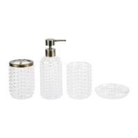 China Clear bathroom set round with dots modern design glass lotion pump tumbler soap dish toothbrush holder for sale