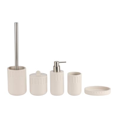 China Polyresin bathroom accessories ser round with vertical stripe simple design soap dispenser for sale