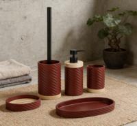 China New design polyresin bathroom accessories set round with swirl stripe and wood accessories soap dispenser for sale