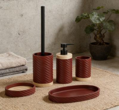 China New design polyresin bathroom accessories set round with swirl stripe and wood accessories soap dispenser for sale
