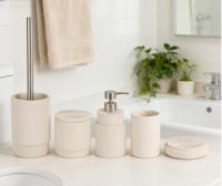 China Polyresin bathroom accessories set round with vertical stripe toilet accessories soap dispenser bowl brush for sale