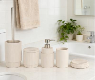 China Polyresin bathroom accessories set round with vertical stripe toilet accessories soap dispenser bowl brush for sale