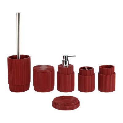 China Resin bathroom accessories set round with vertial stripe soap holder soap dispenser toilet brush holder for sale