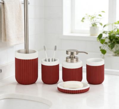 China Resin bathroom set round with vertical stripe modern polyresin soap dispenser for hotel bathroom accessories for sale
