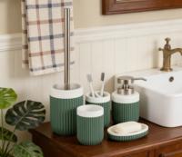 China Polyresin soap dispenser set round with vertical stripe bathroom accessories set toothbrush holder for sale