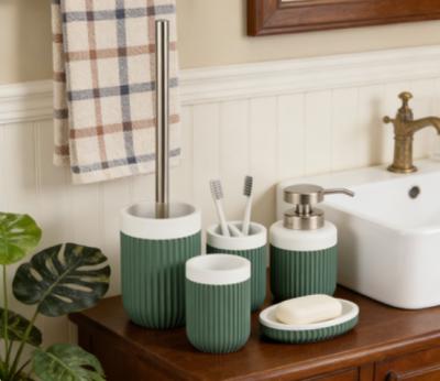 China Polyresin soap dispenser set round with vertical stripe bathroom accessories set toothbrush holder for sale