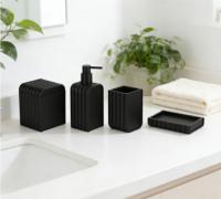 China Polyresin bathroom accessories set square soft touch soap dispenser soap dish tumbler cotton jar for sale