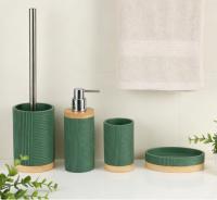China Modern bathroom accessories round with stripe and wood part resin soap dispenser lotion bottle tumbler for sale