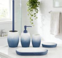 China Ombre blue polyresin bathroom set resin hand soap dispenser tumbler soap dish toilet brush holder for sale