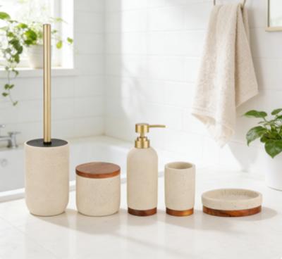 China Luxury sandstone bathroom accessories set round with travertine look soap dispenser with wood base for sale