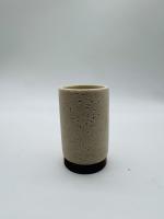China Luxury sandstone bathroom accessories set round with travertine look soap dispenser with wood base for sale
