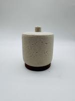 China Luxury sandstone bathroom accessories set round with travertine look soap dispenser with wood base for sale