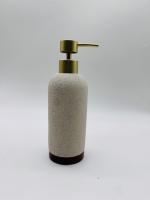 China Luxury sandstone bathroom accessories set round with travertine look soap dispenser with wood base for sale