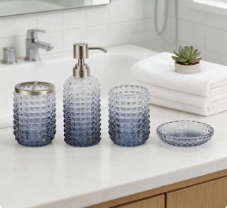 China New design ombre blue glass bathroom accessories set round with diamond dot soap dispenser tumbler soap dish for sale