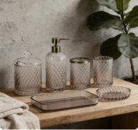 China New design stripe smoke glass bathroom accessories set round hand soap dispenser tumbler toothbeush holder for sale