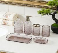China New design stripe smoke glass bathroom accessories set round hand soap dispenser tumbler toothbeush holder for sale