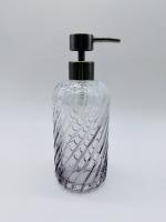 China New design stripe smoke glass bathroom accessories set round hand soap dispenser tumbler toothbeush holder for sale