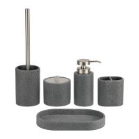 China Modern sand stone bathroom set round with travertine look lotion pump bottle toothbrush holder for sale