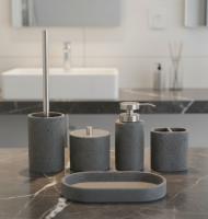 China Modern sand stone bathroom set round with travertine look lotion pump bottle toothbrush holder for sale
