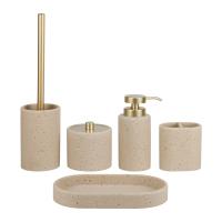 China Sand stone bathroom accessories set round with travertine look household item soap dispenser for sale