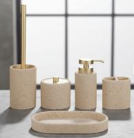 China Sand stone bathroom accessories set round with travertine look household item soap dispenser for sale
