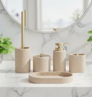 China Sand stone bathroom accessories set round with travertine look household item soap dispenser for sale