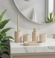 China Sand stone bathroom accessories set round with travertine look household item soap dispenser for sale