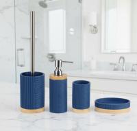 China Polyresin bathroom accessories set round with wood base resin soap dispenser tumbler bath kit for sale