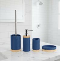 China Polyresin bathroom accessories set round with wood base resin soap dispenser tumbler bath kit for sale