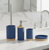 China Polyresin bathroom accessories set round with wood base resin soap dispenser tumbler bath kit for sale