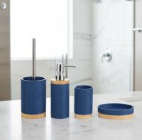 China Polyresin bathroom accessories set round with wood base resin soap dispenser tumbler bath kit for sale