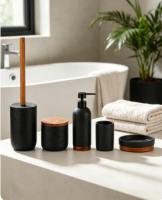 China Polyresin bathroom accessories set round with travertine look resin soap dispenser tumbler bath kit for sale