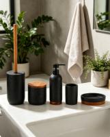 China Polyresin bathroom accessories set round with travertine look resin soap dispenser tumbler bath kit for sale