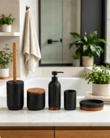 China Polyresin bathroom accessories set round with travertine look resin soap dispenser tumbler bath kit for sale