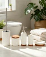 China Polyresin bathroom accessories set round with travertine look resin lotion pump bottle bath set for sale