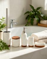China Polyresin bathroom accessories set round with travertine look resin lotion pump bottle bath set for sale