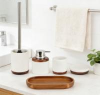 China Sand stone bathroom accessories set round with wood accessories resin soap dispenser tumbler for sale