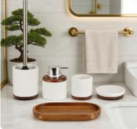 China Sand stone bathroom accessories set round with wood accessories resin soap dispenser tumbler for sale