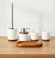 China Sand stone bathroom accessories set round with wood accessories resin soap dispenser tumbler for sale