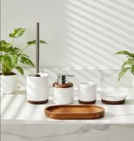 China Sand stone bathroom accessories set round with wood accessories resin soap dispenser tumbler for sale