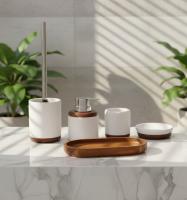 China Sand stone bathroom accessories set round with wood accessories resin soap dispenser tumbler for sale