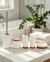 China Sand stone bathroom accessories set round with travertine look and wood accessories resin lotion pump bottle for sale