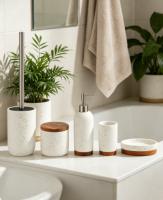 China Sand stone bathroom accessories set round with travertine look and wood accessories resin lotion pump bottle for sale